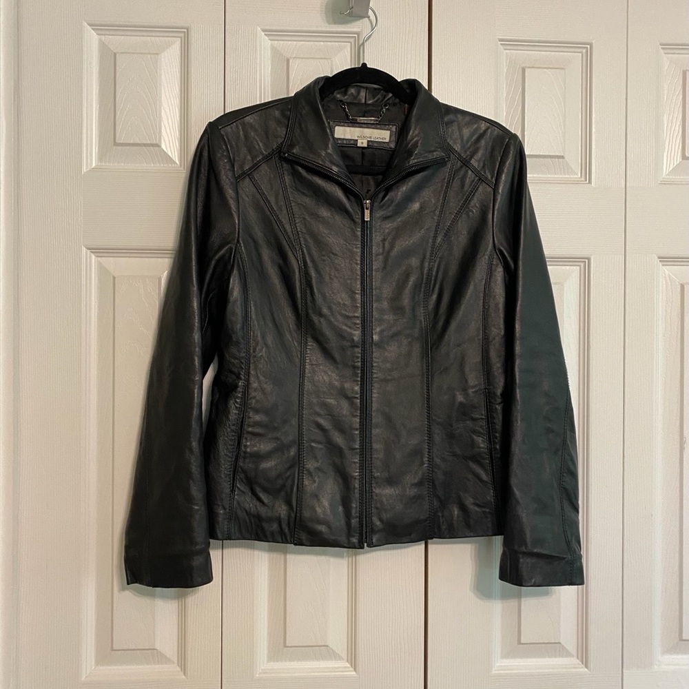 Wilsons Leather 100% Leather Jacket Black Zipper Front - Gem